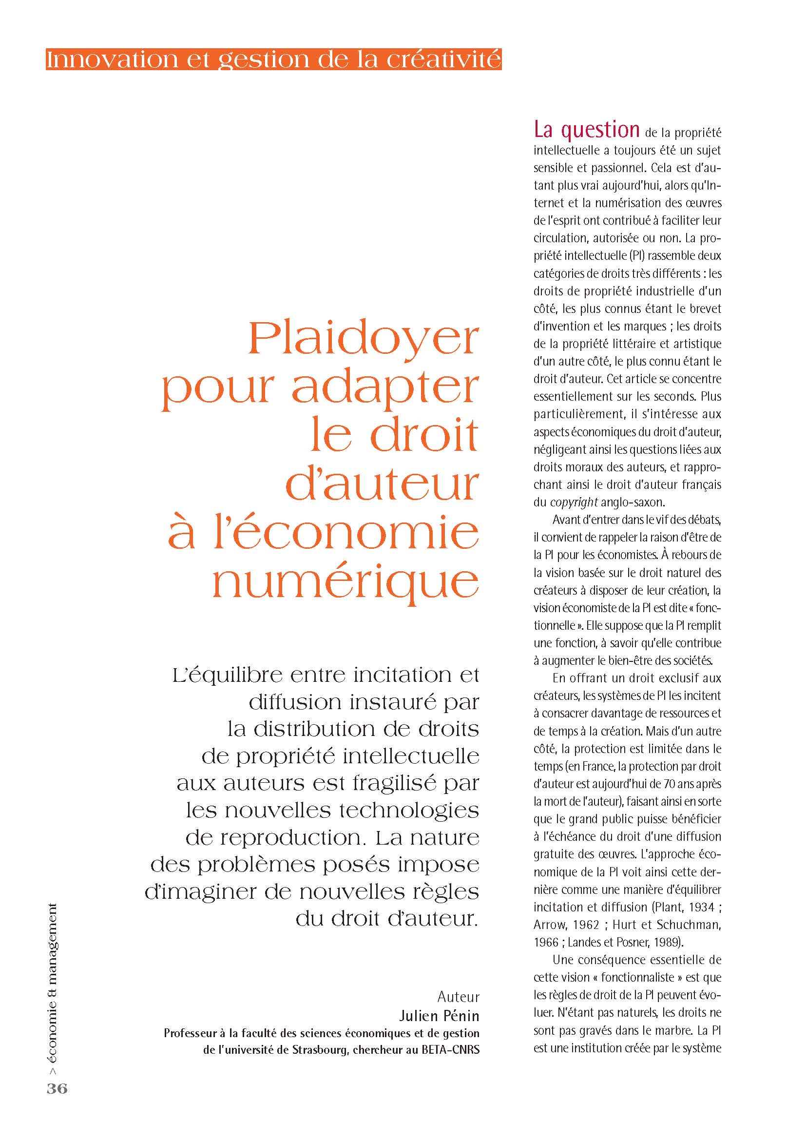 Plaidoyer pour adapter le droit d’auteur à l’économie numérique, par ...